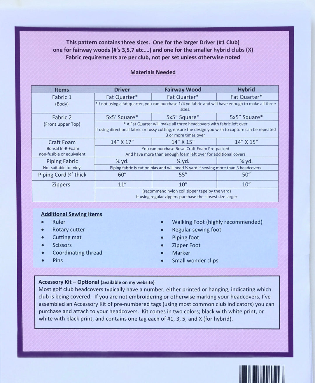 Zippered Golf Club Headcover Sewing Pattern - Downloadable – Golf Gear ...
